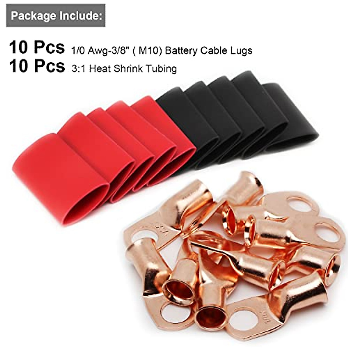 TKDMR 10pcs 1/0 AWG-3/8" Battery Lugs,Heavy Duty Wire Lugs,Ring Terminals,Battery Cable Ends,0 Guage terminals,Battery Terminal Connectors with 10pcs 3:1 Heat Shrink Tubing