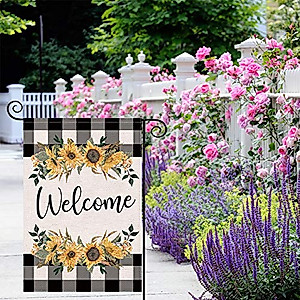 LARMOY Spring Summer Welcome Garden Flag for Outdoor,12×18 Double Sided Black and White Buffalo Plaid with Sunflowers,Small Yard Flags for All Seasons,Seasonal Farmhouse Outside Holiday Decor