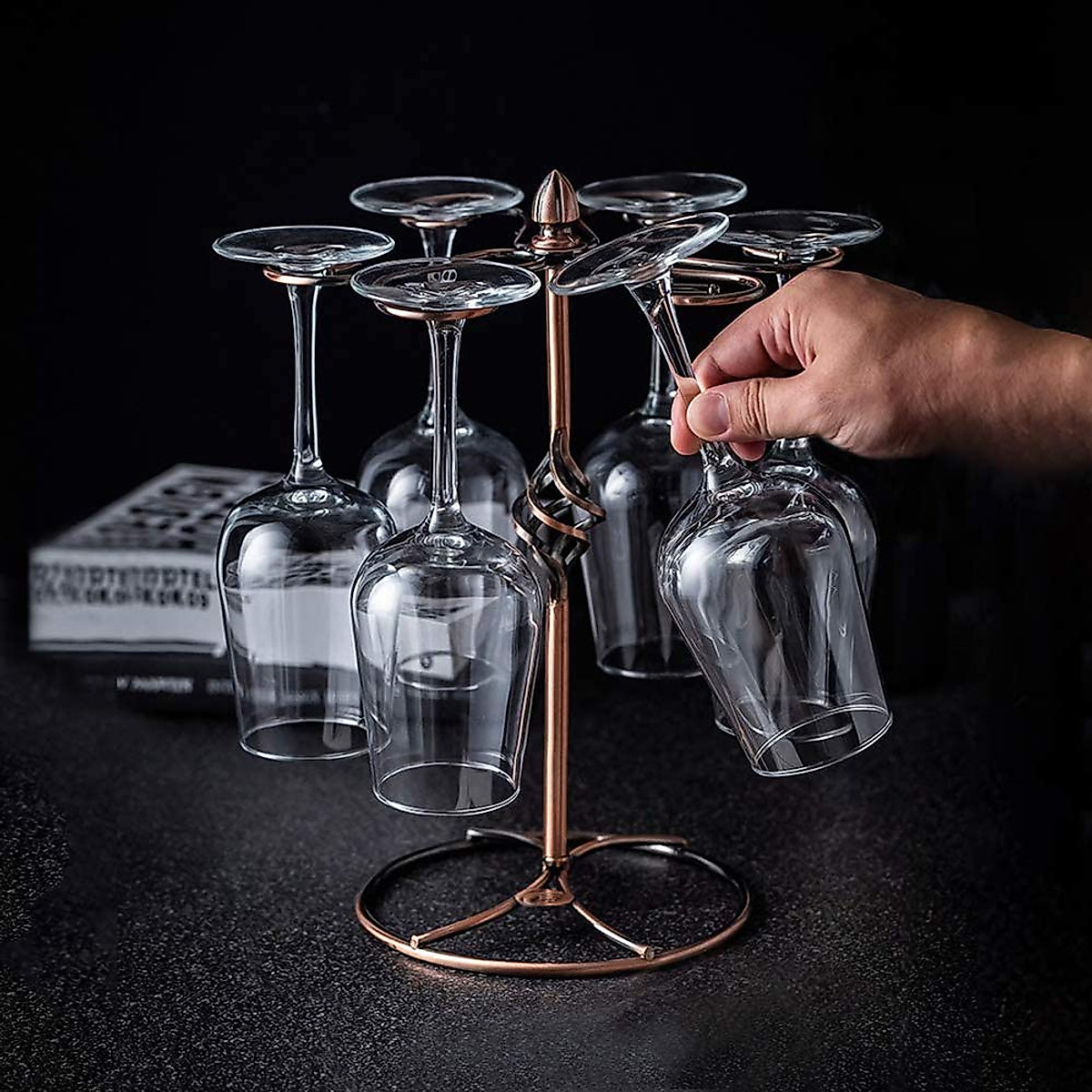 Sunnyac Scrollwork Bronze Wine Glass Rack, Elegant Freestanding Stemware Holder Stand with 6 Hooks, For Home and Bar Storage and Artistic Tabletop Display, Spiral-style（Bronze 1）