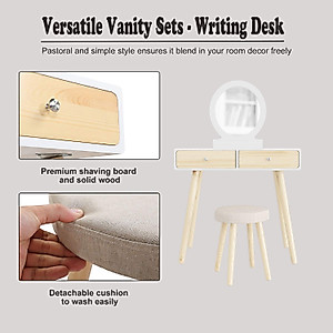 JAXPETY Classic 2-Drawers Girls Vanity Table Set with Mirror and Cushioned Stool, French Countryside Style Dsign Makeup Dressing Table Bedroom Organizer for Girls Women, White