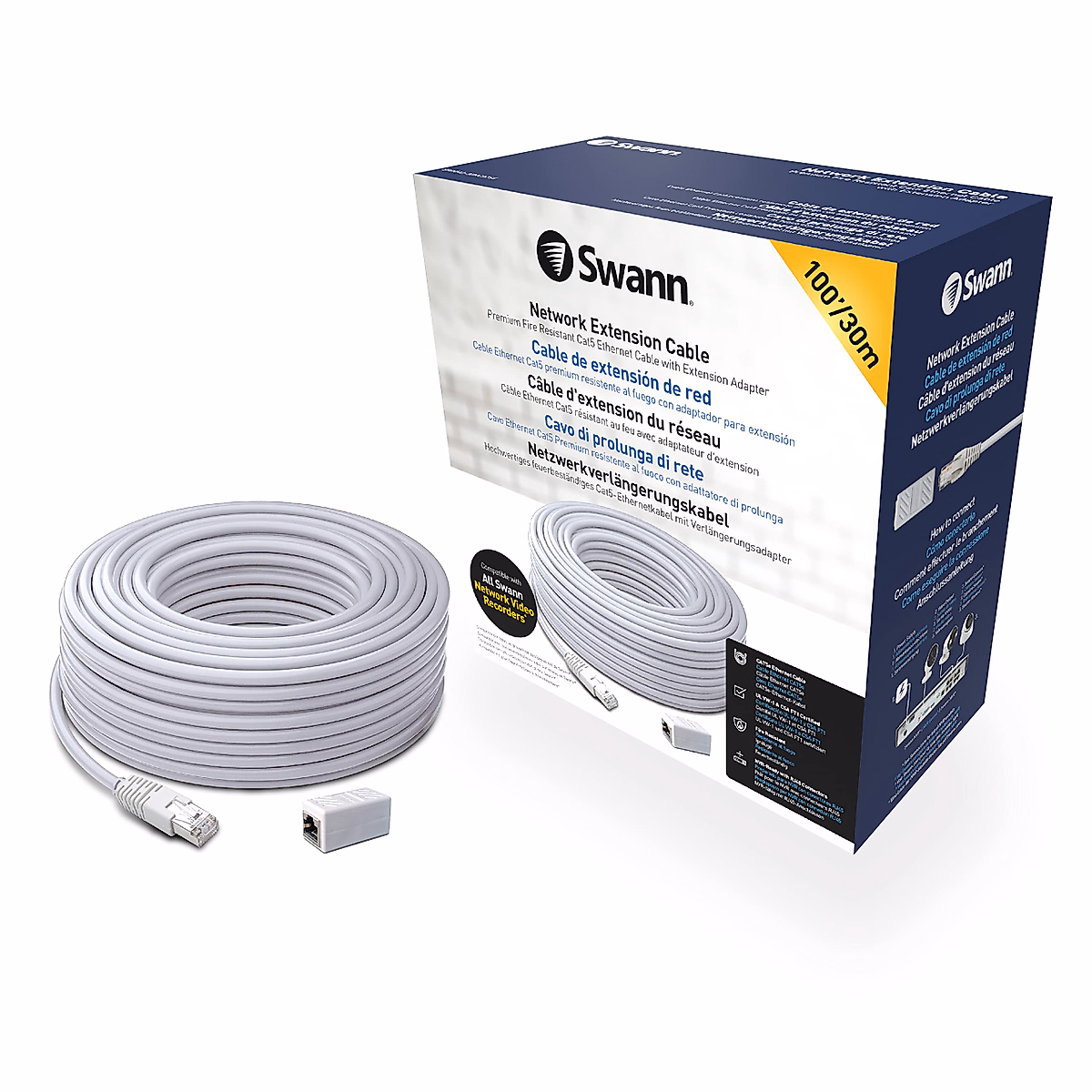 Swann Security Cat5 Ethernet Cable, NVR Extension Cord for PoE Camera, 100 Ft/30M, SWNHD-30MCAT5E