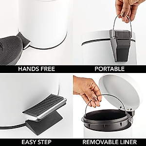 mDesign Pedal Bin — Metal Waste Bin with Pedal, Lid and Plastic Bucket Insert — for Bathroom, Kitchen, and Office — 3 Litre Household Rubbish Bin with Ergonomic Design — White