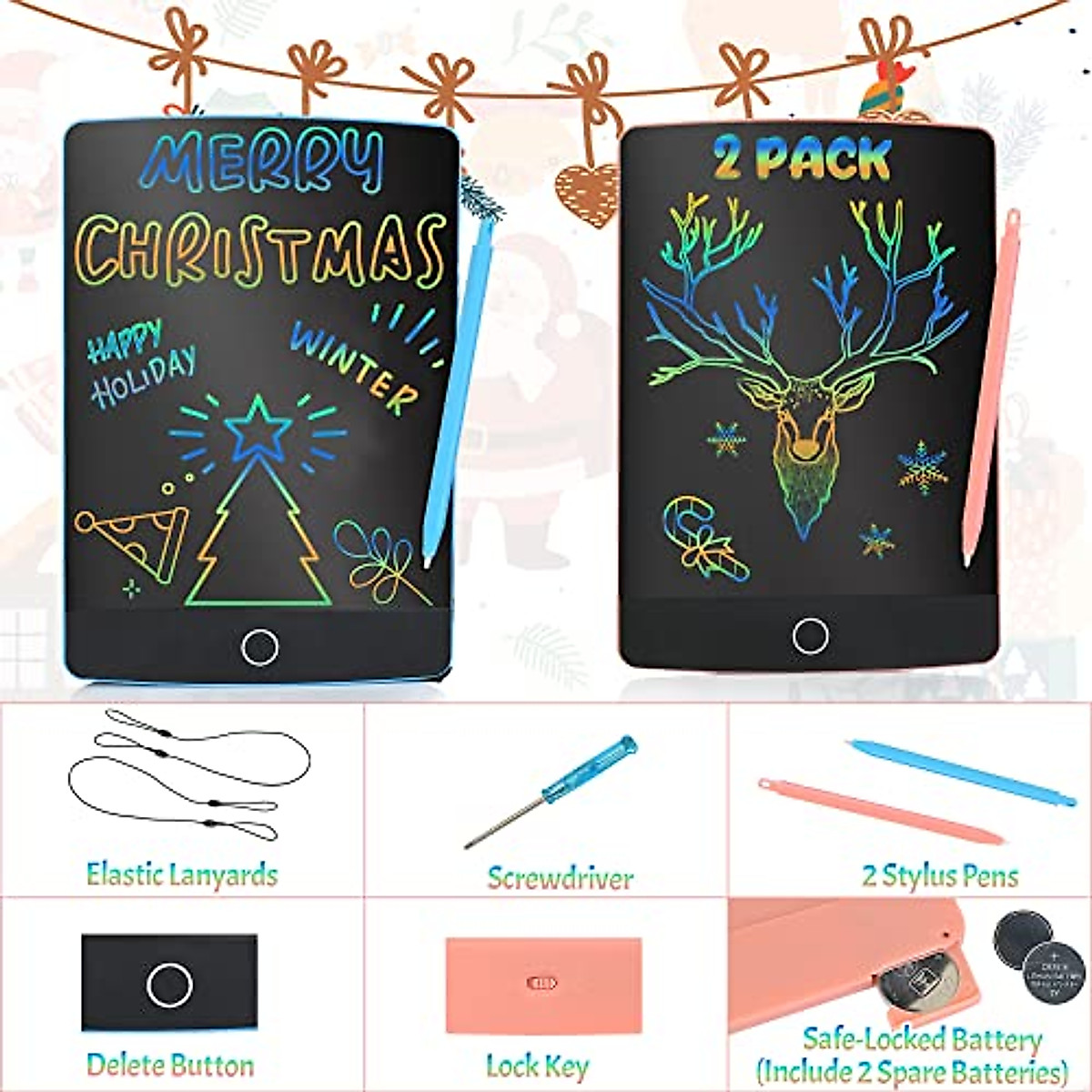 2 Pack LCD Writing Tablet, 8.5" Full Screen Doodle Board, Colorful Scribbling Erasable Drawing Pad, Educational Toy Learning Travel Games for Boys Girls Age 3 4 5 6 7 8