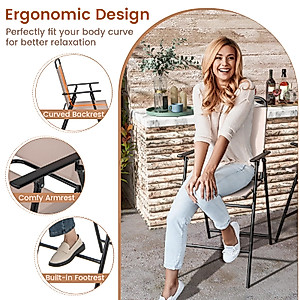 Tangkula Outdoor Folding Bar Stool Set of 2, Patio Dining Chairs w/Breathable Fabric & Metal Frame, Outdoor Bar-Height Stools w/Armrests, Portable Bar Chairs for Backyard Poolside Balcony (1)