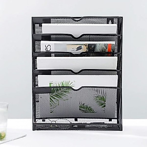 Wall File Organizer 5 Tier Heavy Duty Metal Mesh Hanging Mail Magazine Rack 41 x 32 x 10 cm Vertical Paper Holder for Newspaper Folders(Black)