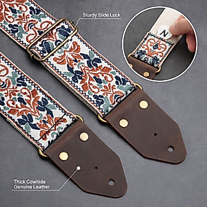 Nefelibata Guitar Strap,Jacquard Embroidery Cotton Guitar Straps with Crazy Horse Leather Ends for Bass, Electric & Acoustic, Best Gifts for Kids, Guitarists(Golden Jacquard)