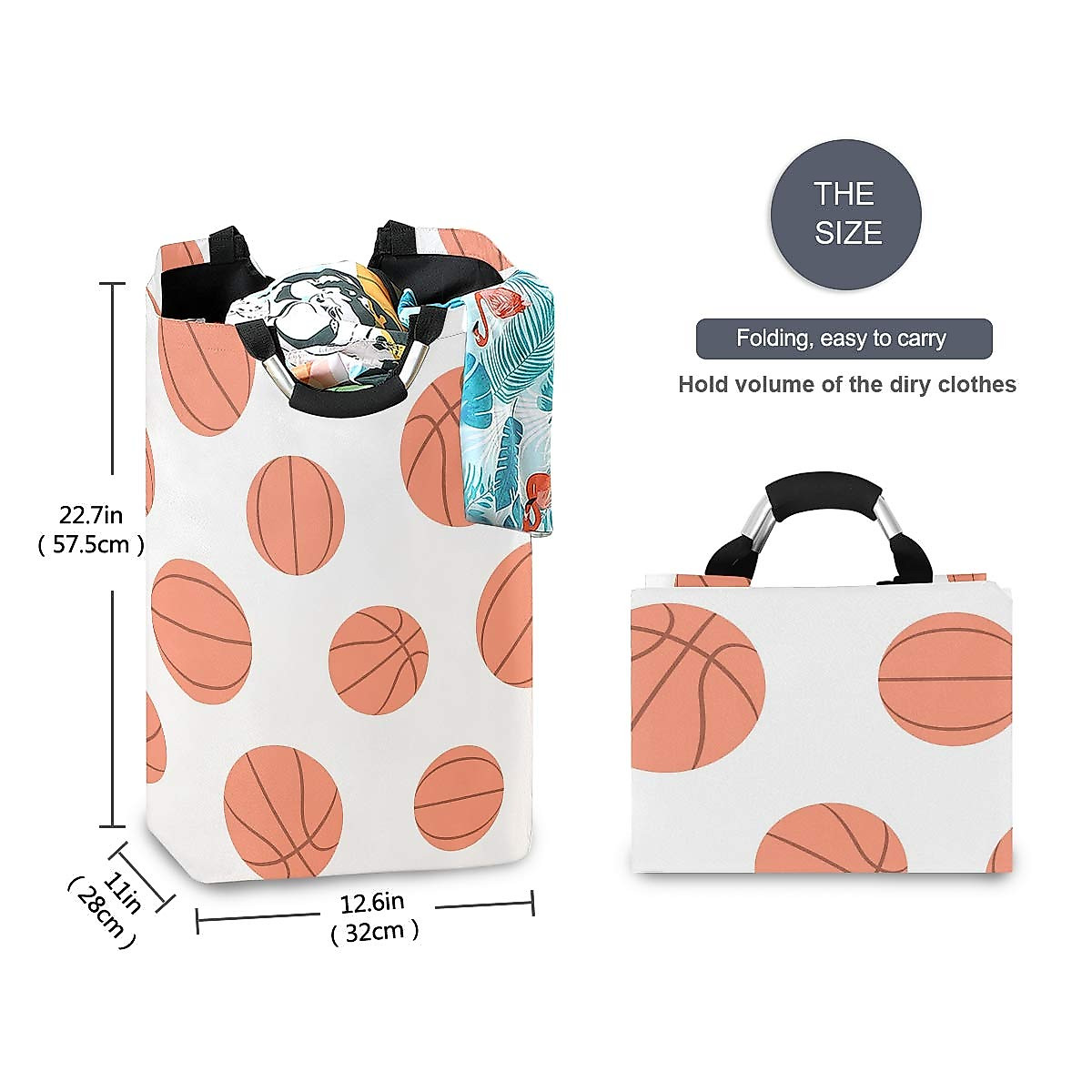 22.7"(H) Collapsible Laundry Hamper Basketball Print Laundry Basket Organizer Large with Handle Foldable Clothes Hamper