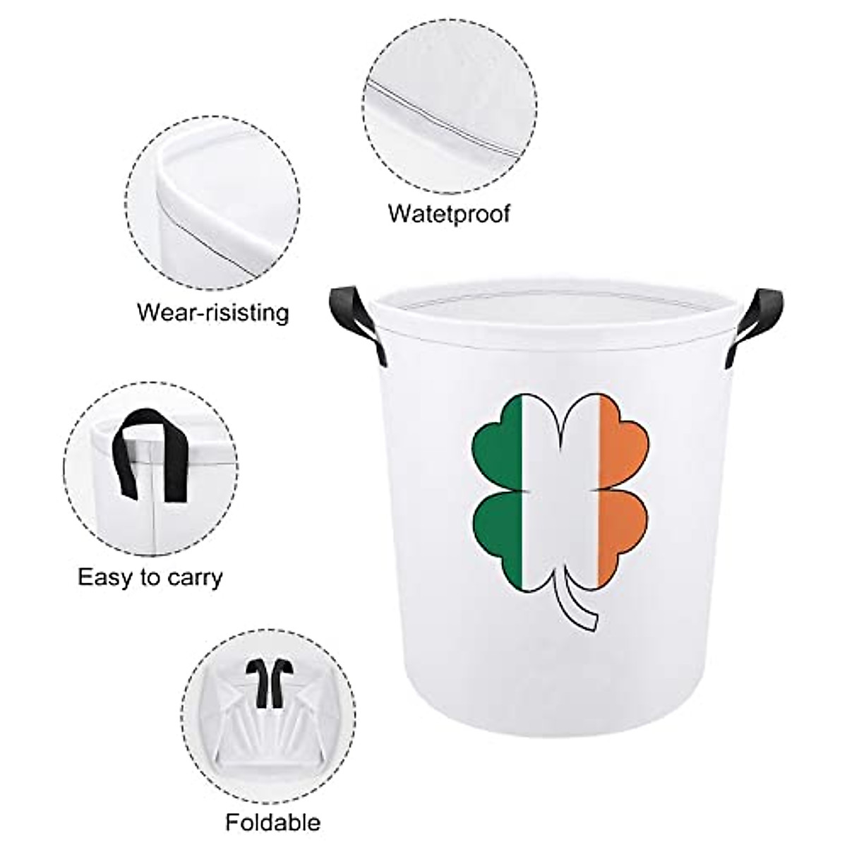 Patrick's Day Clover Leaf Large Laundry Basket Hamper Bag Washing with Handles for College Dorm Portable