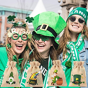 24 Pieces St. Patricks Linen Burlap Bag, St. Patricks Gnomes Burlap Gift Bags for Kids Party Supply, Irish Green Jute Drawstrings Candy Pouch, Lucky Shamrock Clovers Treat Bags with Different Designs