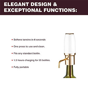 Thirdtms Electric Wine Aerator Pourer, Wine Air Aerator Pourer, Electric Wine Decanter with Aerator, Wine Pourer Spout, USB Rechargeable, Gift Idea for Wine Lovers White & Gold