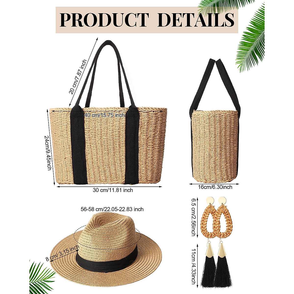 Glitopper 4 Pcs Straw Bag Woven Bag and Rattan Wicker Hat Tassel Earrings Set Summer Tote Handbag for Woman Vacation Boho Accessories