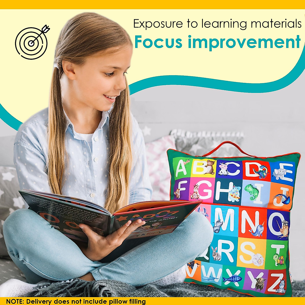 ABC Alphabet Learning Pillow Case and Book with Letter tracing, Early Childhood Education Materials and Activities for Preschooler and Toddler, Learning Toys gift for 3+ year old, Green no filling