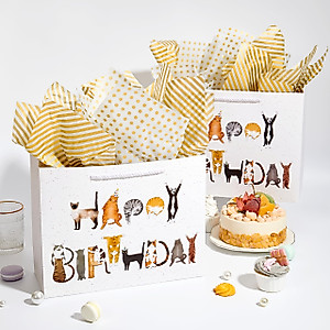 Crisky 13" Large Cat Happy Birthday Gift Bag with Tissue Paper and Card for Girls Kids Adults Women Birthday Party