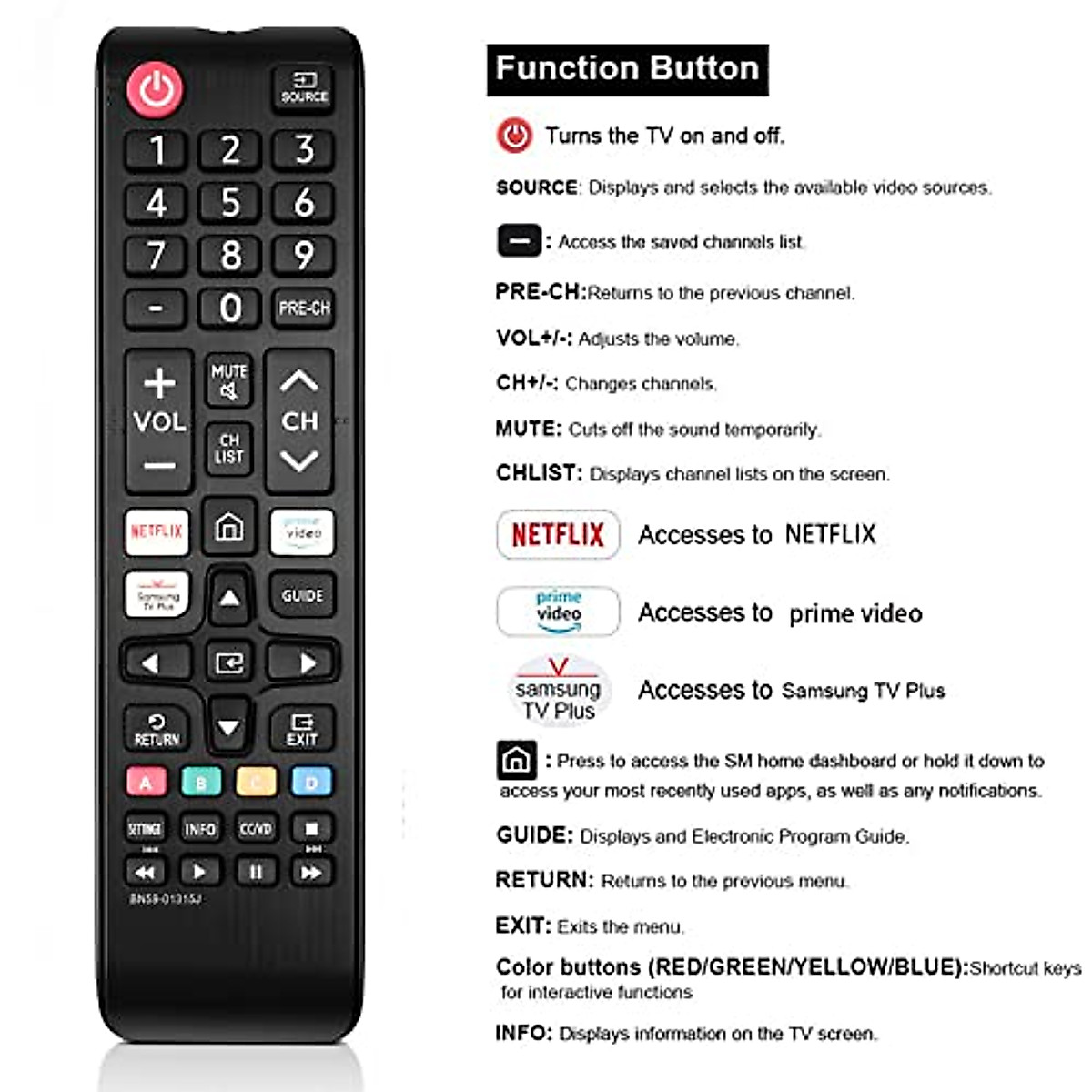 Universal for Samsung Smart TV Remote Control Replacement for All Samsung TV Series Remote with Quick Function Buttons for Netflix, Prime Video and Samsung TV Plus