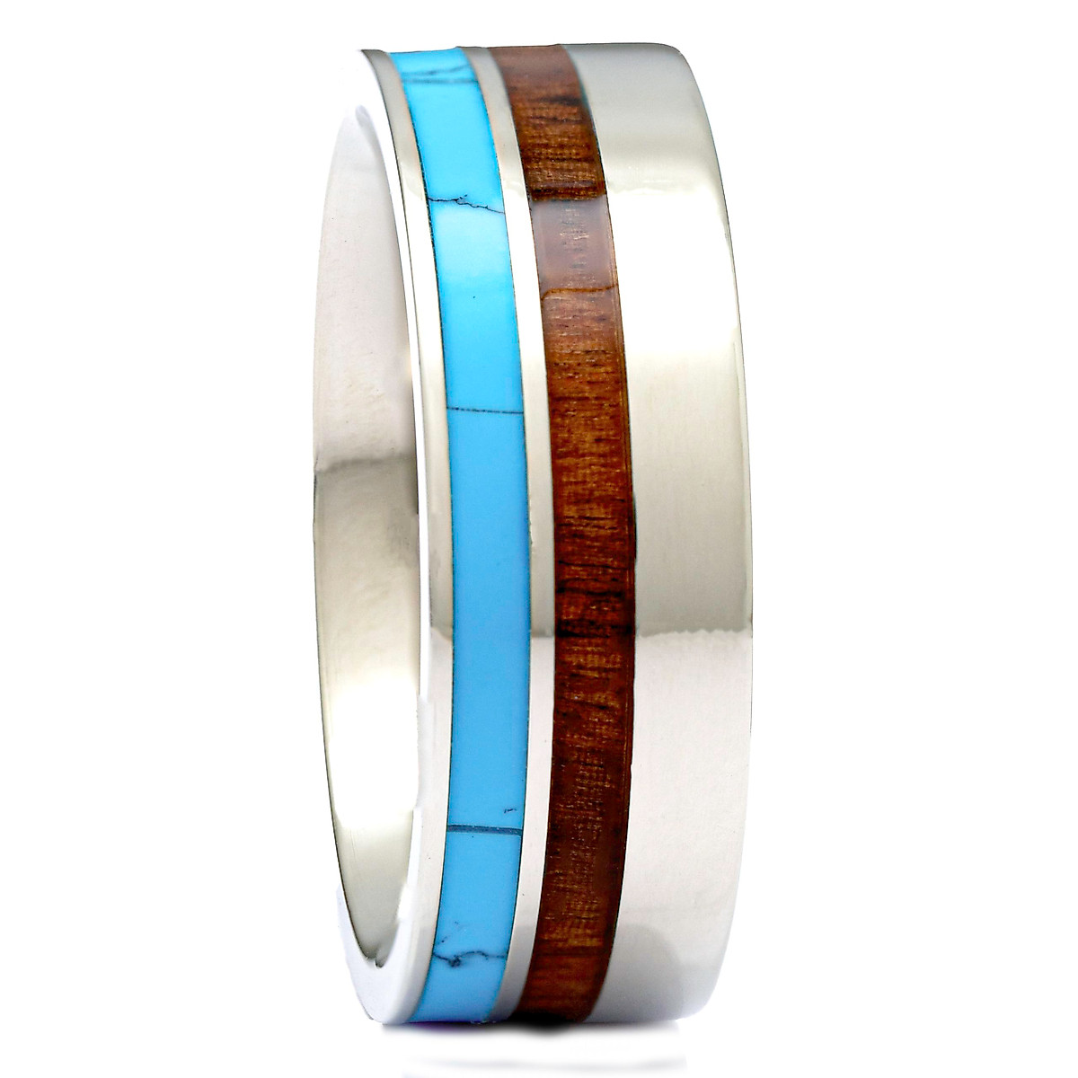PCH Jewelers Turquoise and Koa Wood Ring set in Titanium High Polish Wedding Bands 8mm Comfort Fit (10)