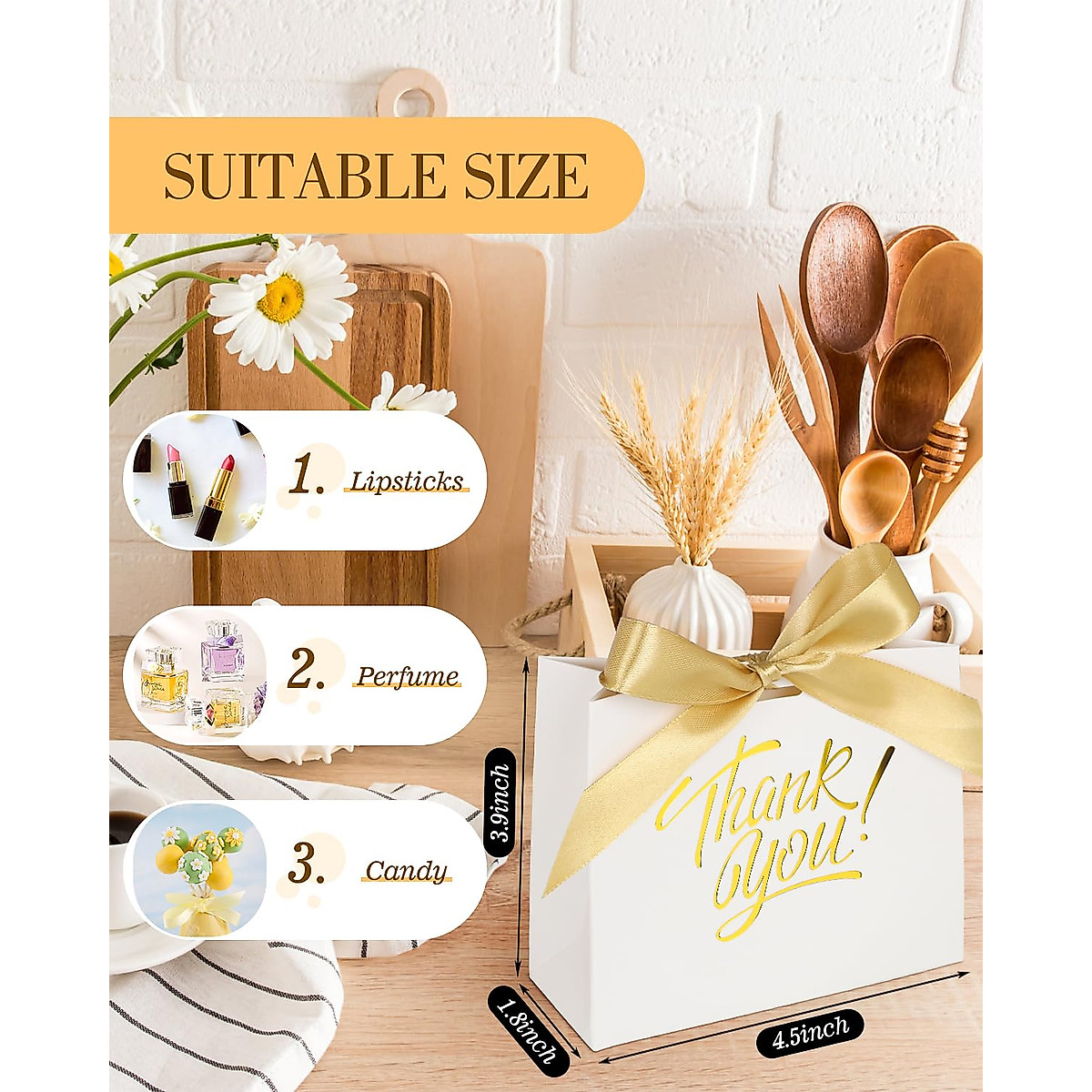 EQOREIIN Small Gift Bags, 70 Pack 4.5x1.8x3.9 Inches Mini Thank You Bags White Kraft Paper Gift Bag with Bow Ribbon, Small Candy Bags Gift Bag Bulk for Birthday Wedding Baby Shower (White)