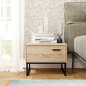 RAAMZO Wood Accent Table with Steel Frame, 1 Drawer Nightstand Side Table for Bedroom, Weathered Oak Finish