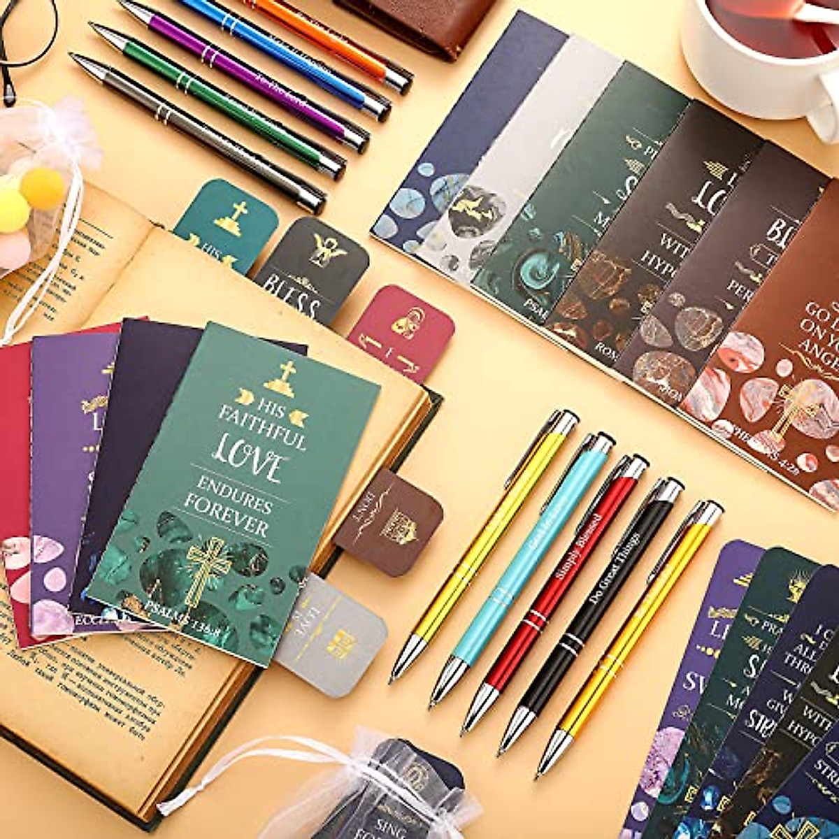 120 Pieces Bible Gifts Set Include 30 Bible Verses Bookmarks Christian Book Markers 30 Scripture Ballpoint Pens 30 Christian Notebooks 30 White Organza Bags for Women Men School Office Church Supplies