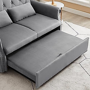 Convertible Sleeper Sofa Pull Out Couch, Modern Velvet Upholstered 3-in-1 Loveseat with Reclining Adjustable Backrest &Removable Armrest ,Button Tufted Small Sofa & Couches for Apartment Living Room