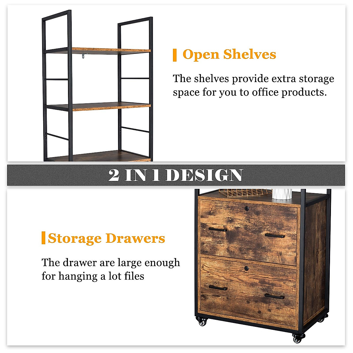 VINGLI 2 Drawer Veritical File Cabinet with Open Shelves and Wheels, Wooden Filing Cabinet with Lock, Industrial Bookshelf, File Cabinet for Home Office, Letter/Legal Size, Rustic Brown