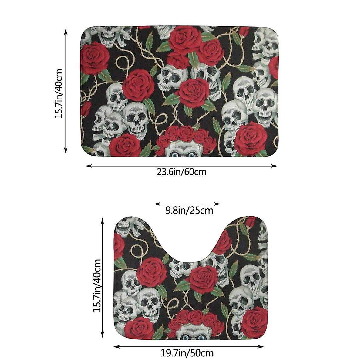 SWEET TANG Super Soft Bathroom Toilet Rug Set 2 Piece, High-Density Foam Contour Bath Mats Intage Red Rose Skull - Non Slip Absorbent Bathroom Mat & U Shaped Toilet Floor Rug