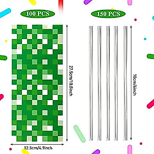 100 Pcs Pixel Mine Party Favors Bags Green Treat Bags St. Patrick's Day Cellophane Candy Bags with 150 Silver Twist Ties for Pixel Themed Birthday Party Supplies Irish Day Party Favor