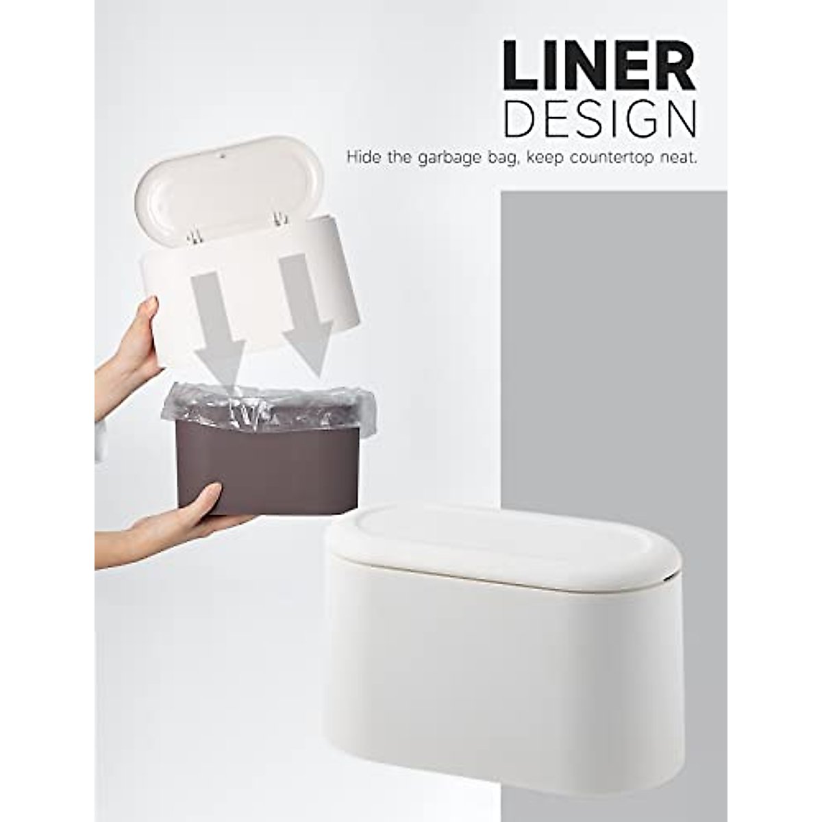 MONGTINGLU Mini Trash Can with Lid - Removable Small Garbage Can, Tiny Plastic Trash Bin, Pop Up Countertop Wastebasket, Counter Garbage Lint Bin for Bathroom,Office,Kitchen,Desk,Coffee Table(White)