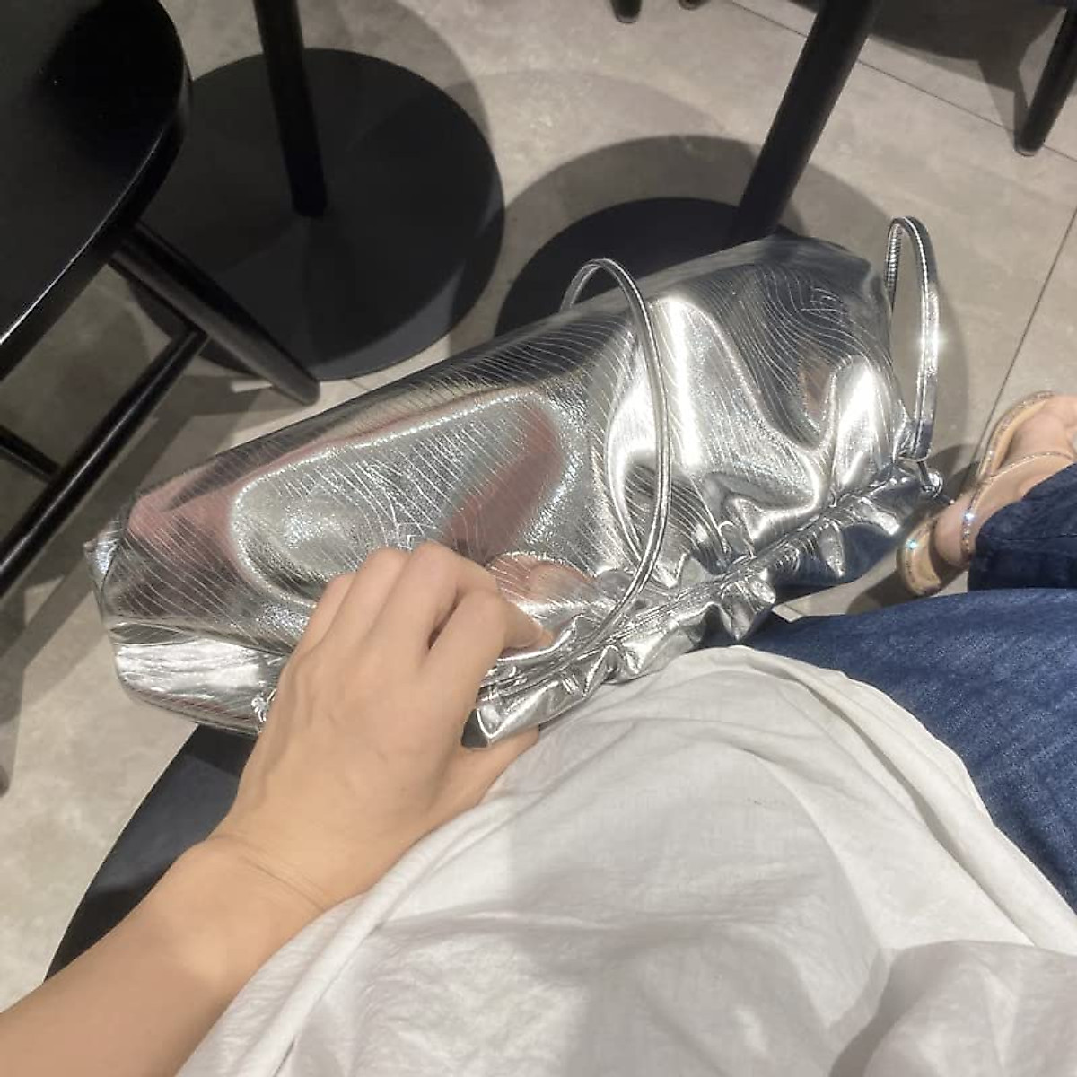 Women Dumpling Crossbody Large Bag Cloud Evening Bag Sparkly Clutch Purses Shoulder Bag Drawstring Strap Crossbody Bag (silver)