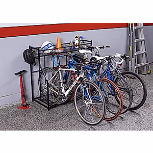 4 Bike Stand Rack with Storage – Great for Parking Road, Mountain, Hybrid or Kids Bikes – Garage Organizer - Helmet - Sports Storage Station - Black