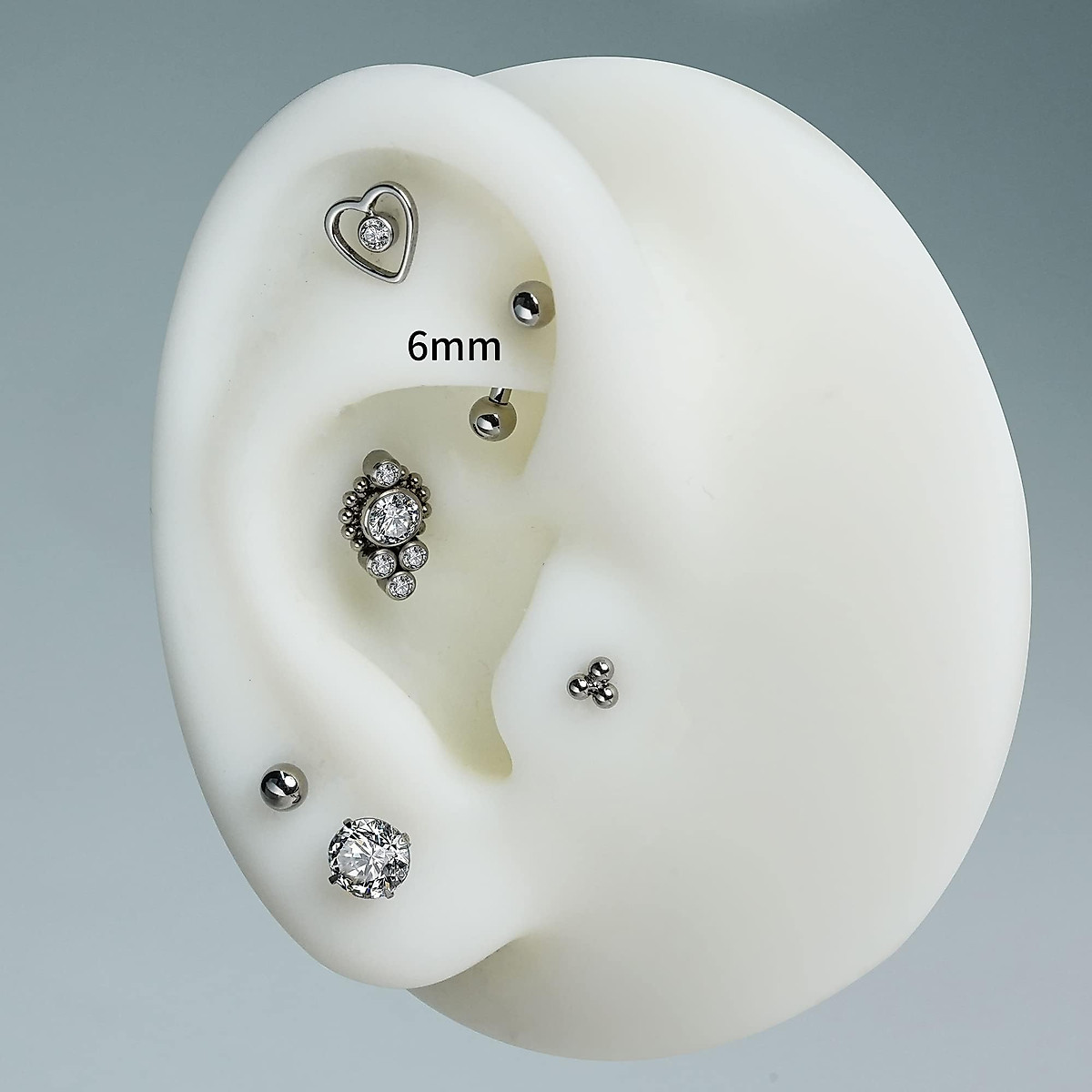 FINE4U Threadless Flat Back Earrings Stud Titanium 18G 6mm 8mm - ASTM F136 Titanium Heart Cartilage Earring for Conch, Helix, Tragus, Flat, Lobe