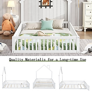 MAKIAAP Full Size Montessori Floor Bed Frame with 12 Inches Height Safety Guardrails and Door,Platform Bed Frame with House-Shaped Headboard for Girls, Boys, Wooden Slat Support, White