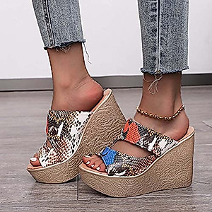 Snake Print Espadrilles Sandals for Women, Platform Wedges Sandals Platform Casual Summer Heels Open Toe Sandals (Brown, 37)