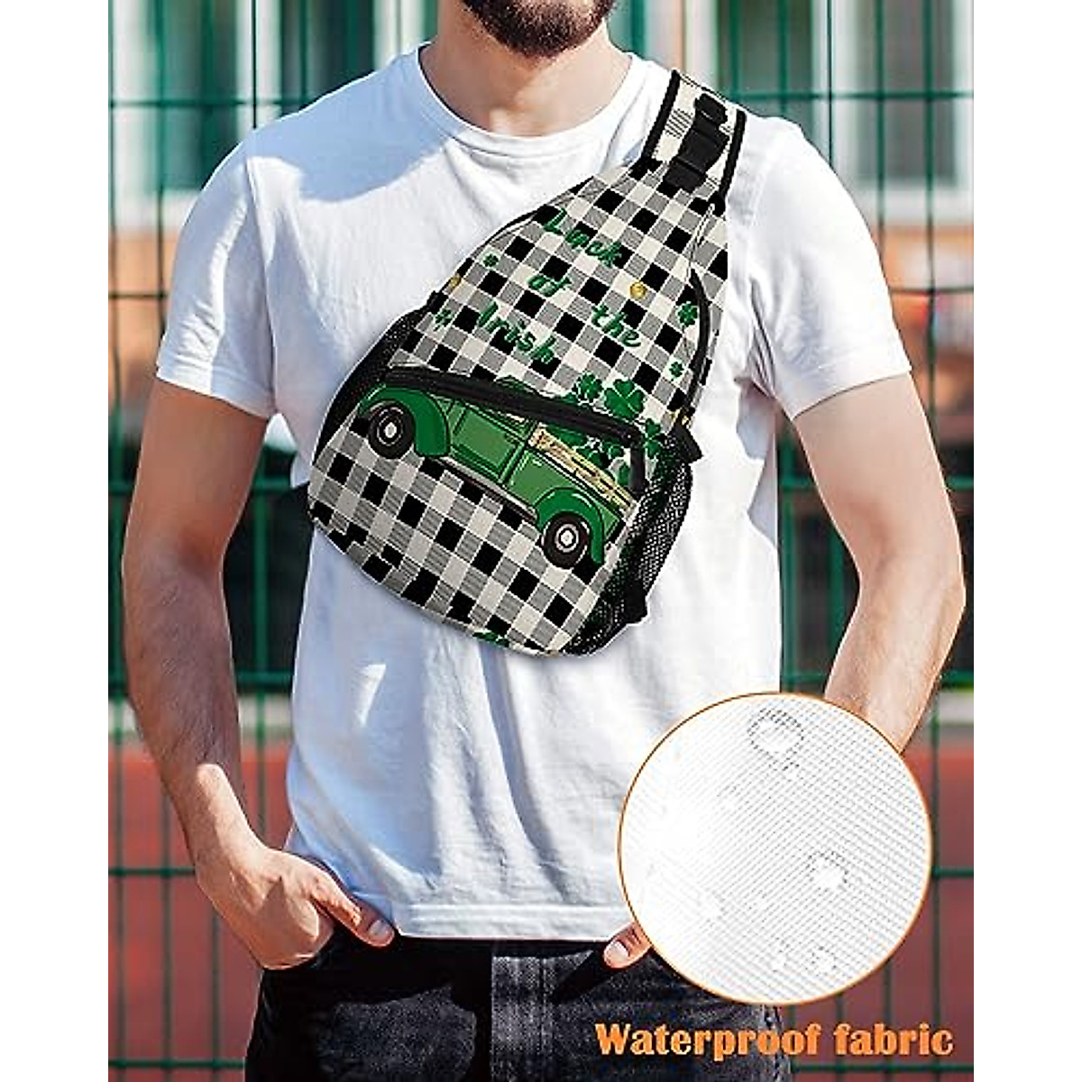 Gsypo Sling Backpack, St. Patrick's Day Lucky Of The Irish Black Buffalo Plaid Waterproof Lightweight Small Sling Bag, Travel Chest Bag Crossbody Shoulder Bag Hiking Daypack for Women Men