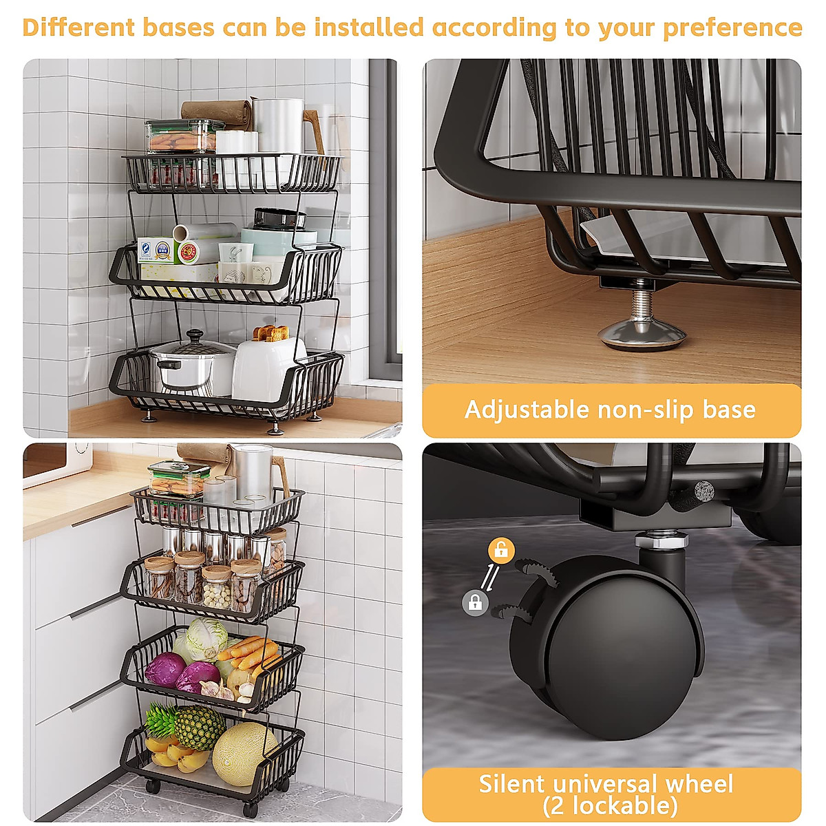 JIUYOTREE 4-Tier Fruit Basket Cart with Wheels, Metal Wire Fruit Vegetable Storage Basket Organizer with Two Free Baskets for Kitchen,Pantry, Garage, Black