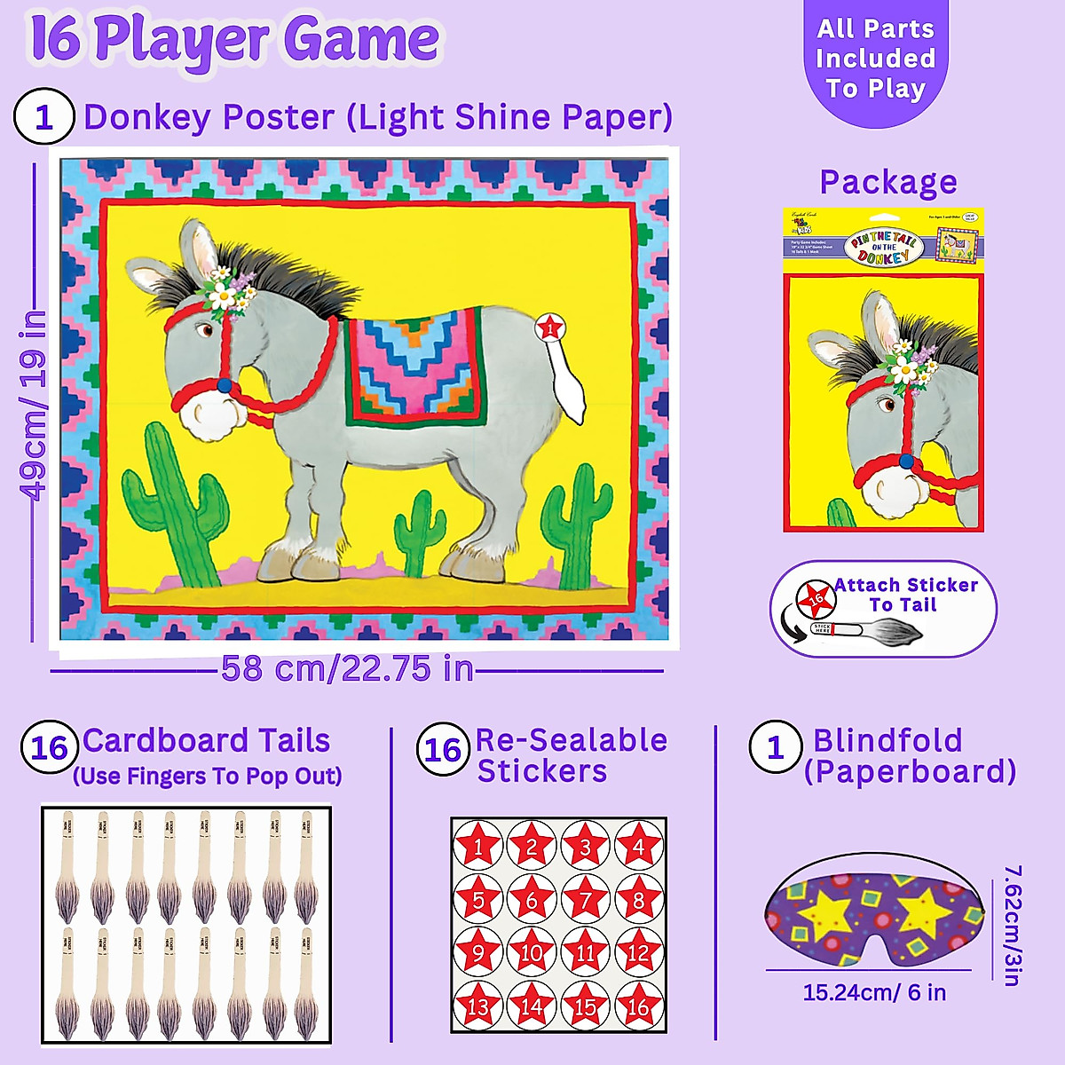 Pin The Tail On The Donkey Game For Kids - Super Cute & Fun Design! Makers Since 1965. Reusable Stickers, Poster & Blindfold. Add To Your Birthday Party Decorations, Party Supplies Or Carnival Games.