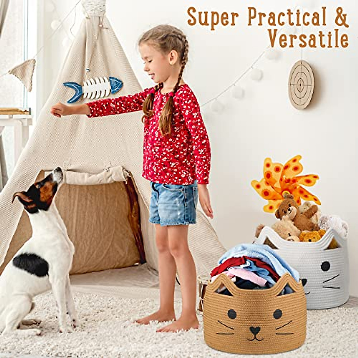 2 Pieces Large Cat Toy Basket Woven Cotton Rope Storage Basket Large Cute Cat Laundry Basket Organizer Animal Design Toy Storage Organizer Baby Hamper Cat Nursery Bins Boxes, White, Brown