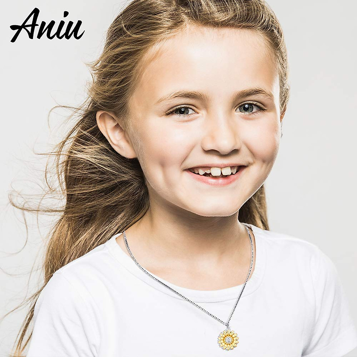 Aniu Graduation Gifts Golden Rotatable Sunshine Sunflower Pendant Necklace for Women, S925 Sterling Silver You Are My Sunshine Jewelry with 5A Cubic Zirconia (Gold) (White)