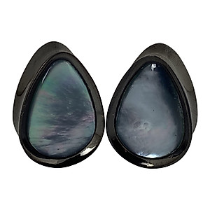 Mystic Metals Body Jewelry Pair of Black Steel Teardrop Plugs with Grey Shell Inlay (PS-290) (7/8" (22mm))