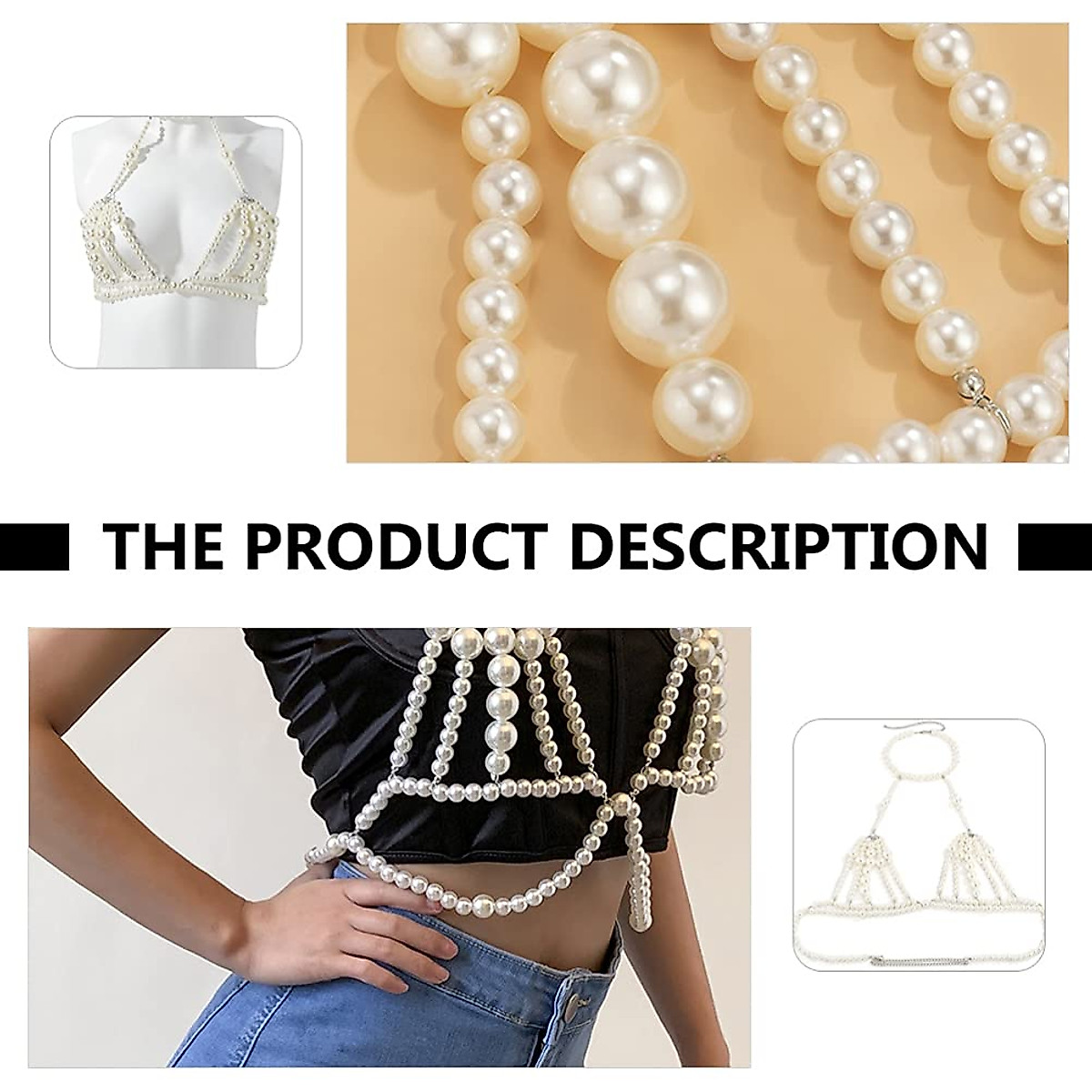 Happyyami Faux Pearl Body Chain Bikini Body Chain Crystal Bra Imitation Pearl Bikini Chain Under Outfit Bra Summer Bikini Women Body Chain Bra Body Lingerie Accessory Body Jewelry Accessory