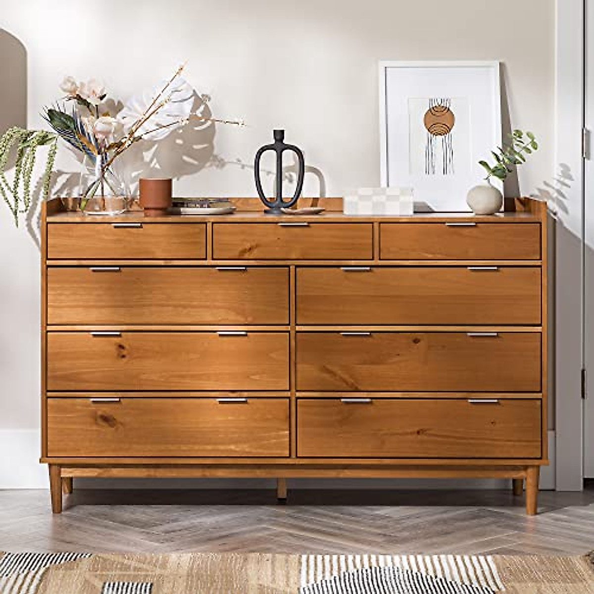 Walker Edison Blythe Mid-Century Modern Tray-Top Solid Wood 9-Drawer Dresser, 60 Inch, Caramel
