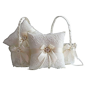 Alex Emotions Ivory Flower Girl Basket and Ring Bearer Pillow Set - Ivory Wedding Basket Pillow Set, Lace Ring Pillow, Lace Ring Holder, Lace Ring Pillow