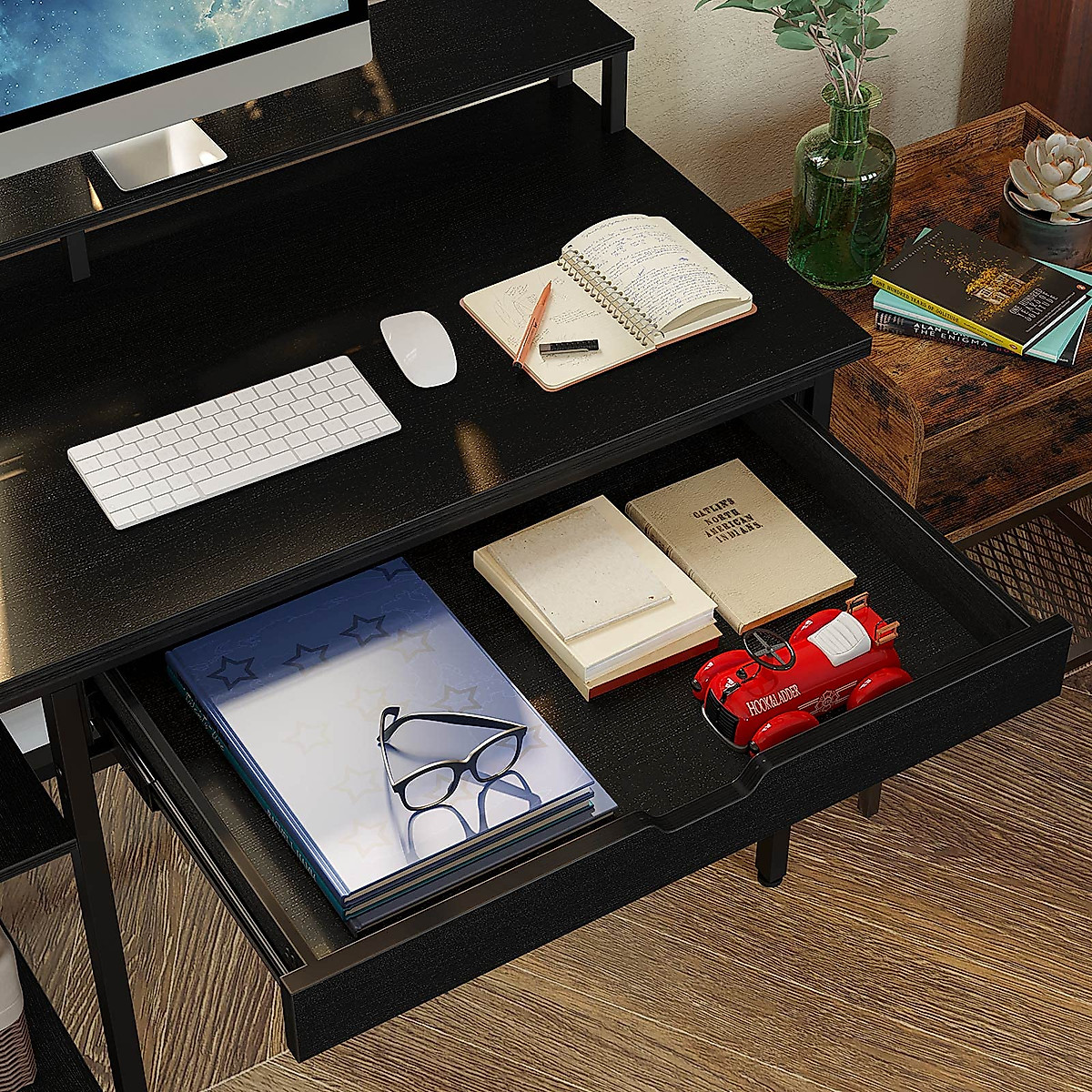 Rolanstar Computer Desk with Monitor Stand and Drawer, 39" Home Office Desk, Stable Metal Frame, Business Style, Black
