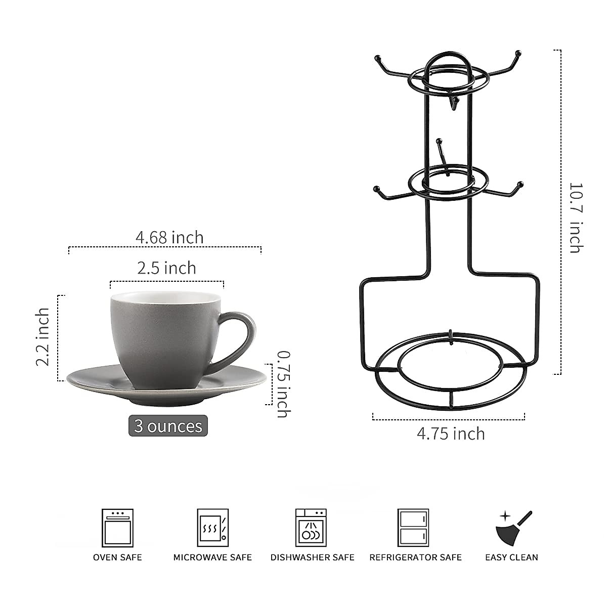 YHOSSEUN Espresso Cups with Saucers Set with Cup Holder 4 oz Cappuccino Cups Set of 6 Porcelain Espresso Cups Set and Metal Stand 3 OZ Demitasse Cup