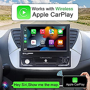 Wireless CarPlay Single Din Car Stereo Wireless Android Auto 7 Inch Flip Out Touch Screen Car Radio GPS Navigation Bluetooth FM WiFi Flip Up Touchscreen Car Audio Receiver USB/TF/AUX Port Head Unit