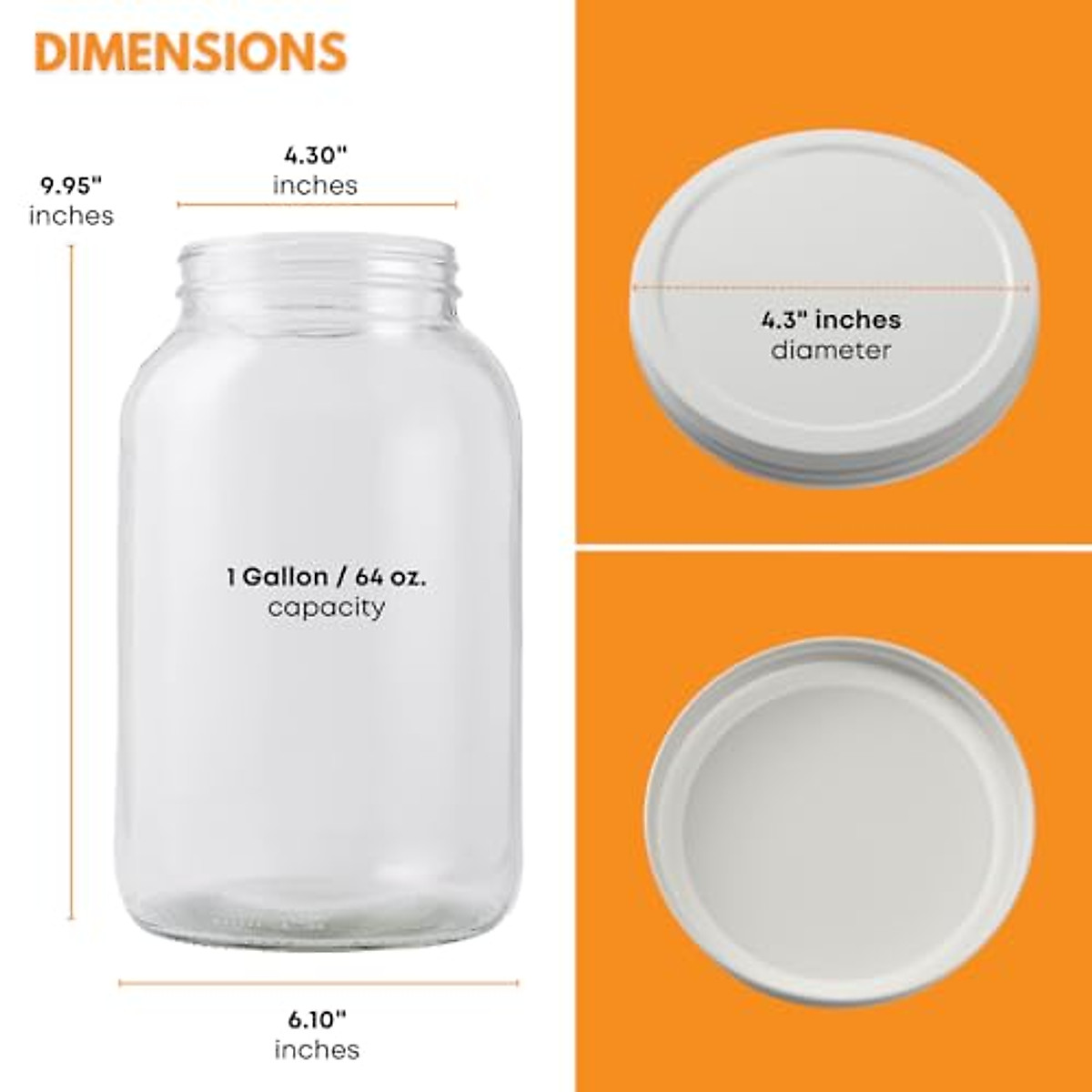 FastRack - Pack of 2 One Gallon Wide Mouth Jars with White METAL Airtight Lids, 2 Glass Jars with 2 Fermentation Lids, Ideal Glass Jars with Lid for brewing, fermentation and pickling
