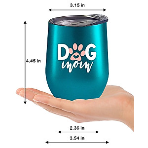 Fancyfams - Dog Mom - 12 oz Stainless Steel Wine Tumbler with Lid and Straw (Dog Mom -Turquoise)