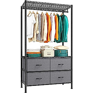 Raybee Clothes Rack, Clothing Racks for Hanging Clothes Rack Heavy Duty Clothing Rack Adjustable Clothes Racks for Hanging Clothes Metal Wire Garment Rack with 4 Fabric Drawers Portable Closet,Black