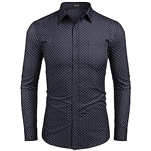 COOFANDY Men's Business Dress Shirt Long Sleeve Regular Fit Shirt Casual Polka Dot Printed Button Down Shirts Navy Blue
