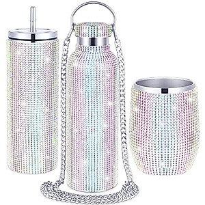 Rtteri 3 Pcs Rhinestone Water Bottle AB Color Diamond Glitter Tumbler Insulated Bling Tumbler with Chain Bling Cup with Lids Stainless Steel Rhinestone Tumbler Diamond Thermal Mug Set for Women Girl
