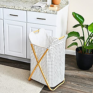 Household Essentials Bamboo X Frame Hamper with Cross Pattern, Black and White